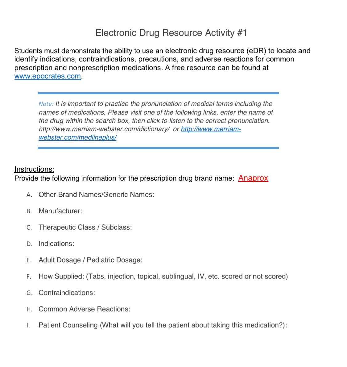 Electronic Drug Resource Activity #1Students must | Chegg.com