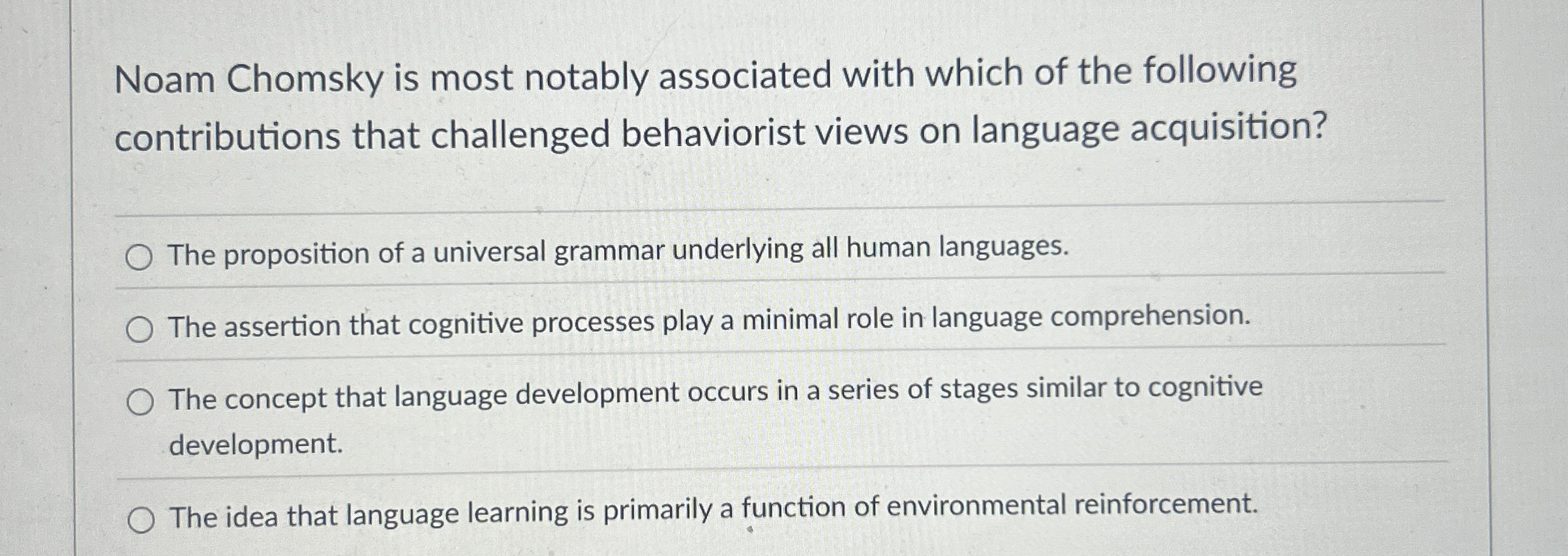 Solved Noam Chomsky is most notably associated with which of | Chegg.com