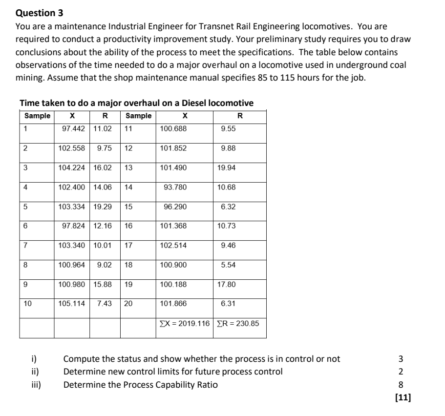 Solved You are a maintenance Industrial Engineer for | Chegg.com
