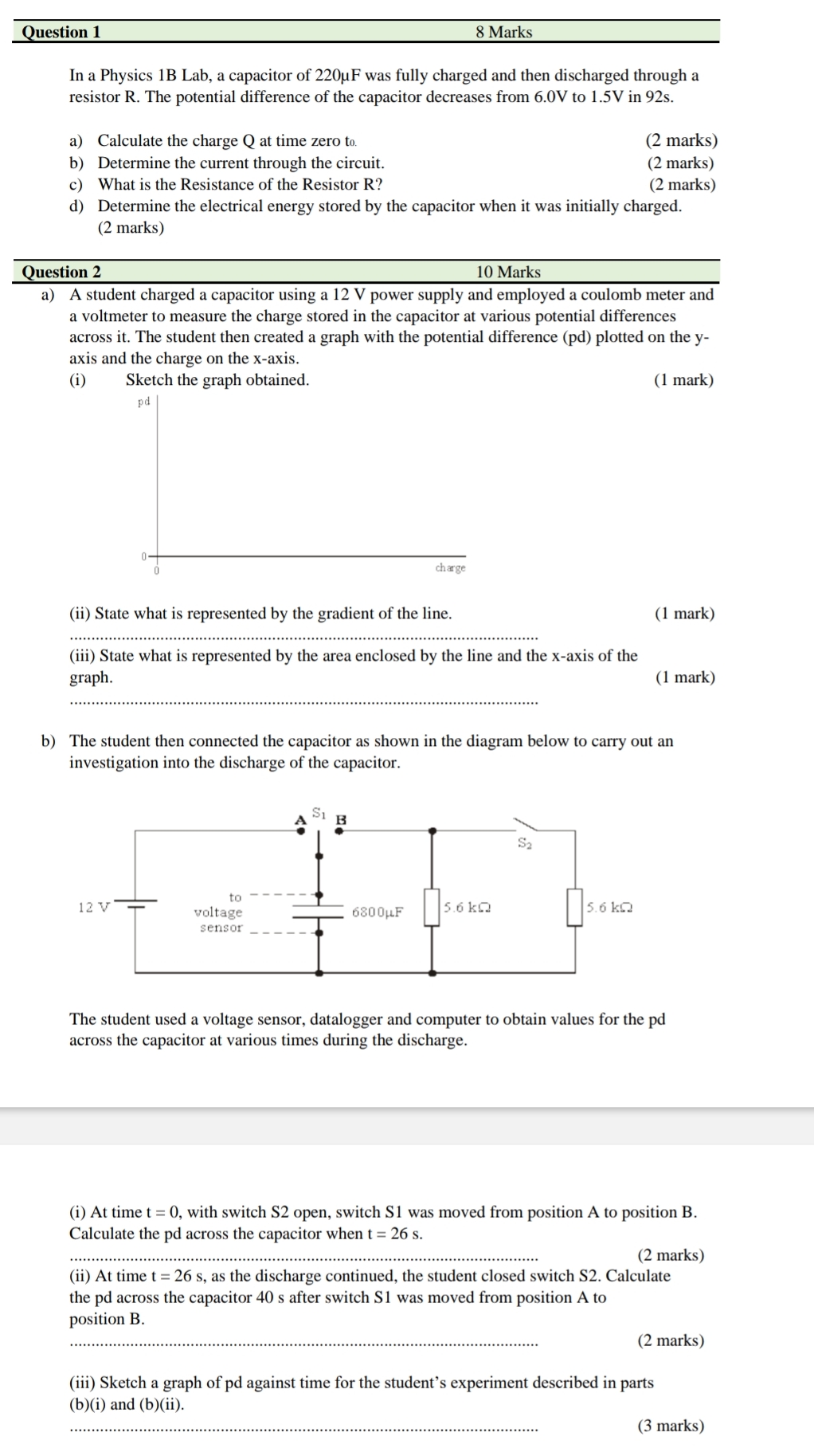 Solved Question 18 ﻿MarksIn a Physics 1B Lab, a capacitor of | Chegg.com
