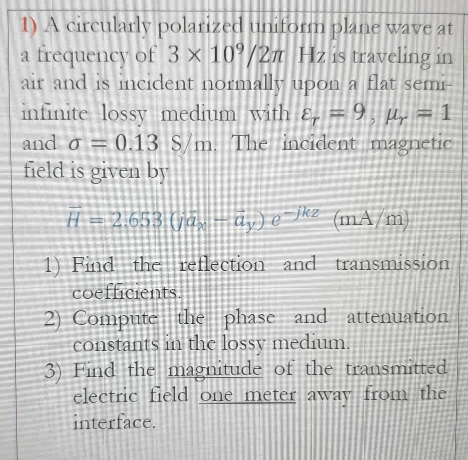 Solved A circularly polarized uniform plane wave at a | Chegg.com