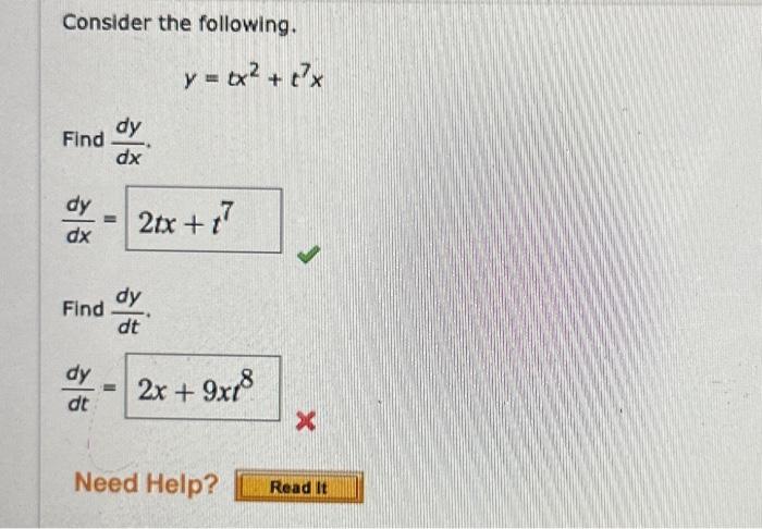 Consider the following. y=tx2+t7x Find dxdy. dxdy= | Chegg.com
