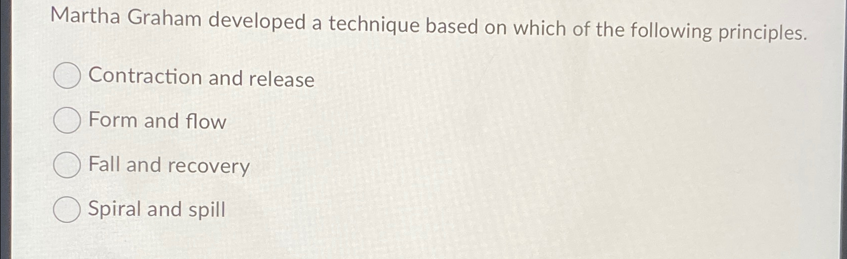 Solved Martha Graham developed a technique based on which of | Chegg.com