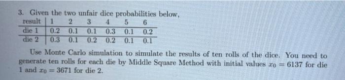 Solved 3. Given the two unfair dice probabilities below, | Chegg.com