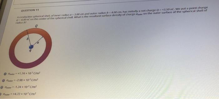 Solved QUESTION 11 A conductive spherical shell of inner | Chegg.com