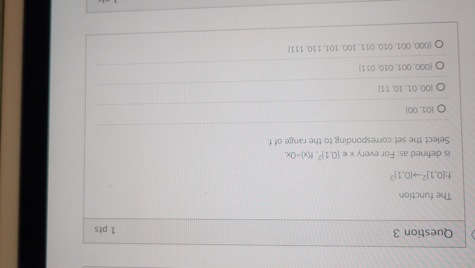 Solved The function f:{0,1}2→{0,1}3 is defined as: For every | Chegg.com