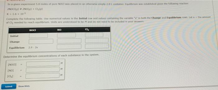 Solved in a given experiments. Il moles of pure NOCI was | Chegg.com