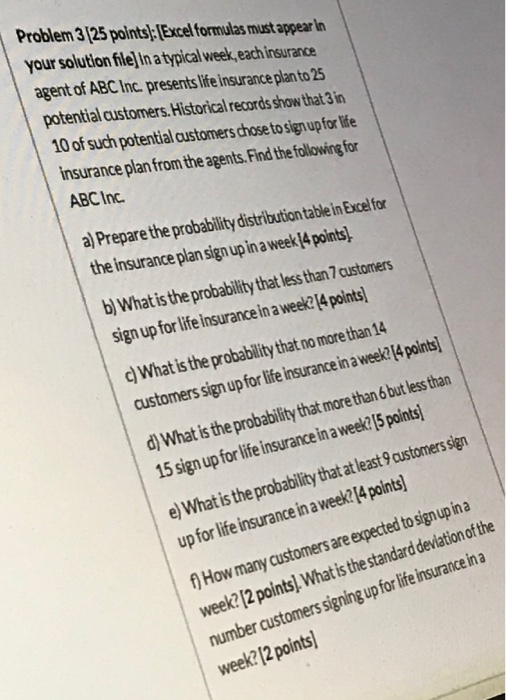 Solved Problem 3 125 points): (Excel formulas must appear in | Chegg.com