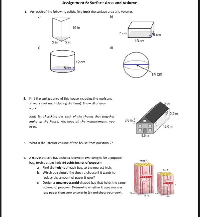 Solved Assignment 6: Surface Area and Volume 1. For each of | Chegg.com