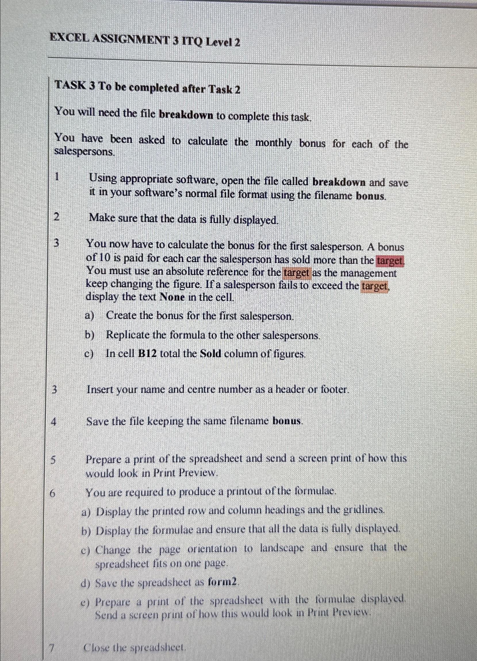Solved EXCEL ASSIGNMENT 3 ﻿ITQ Level 2TASK 3 ﻿To be | Chegg.com