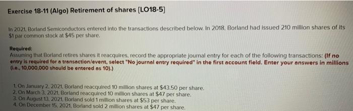 Solved Exercise 18-11 (Algo) Retirement of shares [LO18-5] | Chegg.com