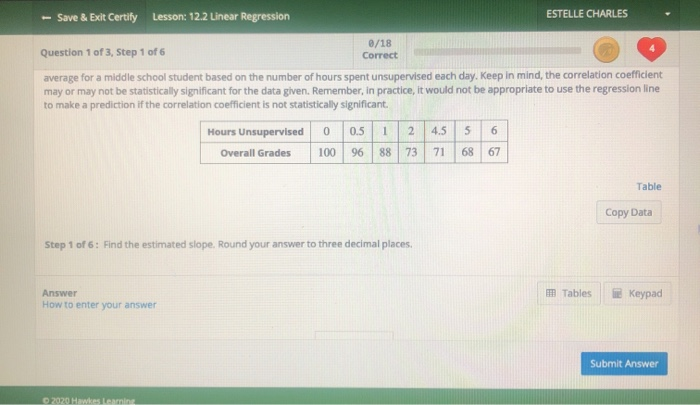 Solved Save & Exit Certify Lesson: 12.2 Linear Regression | Chegg.com