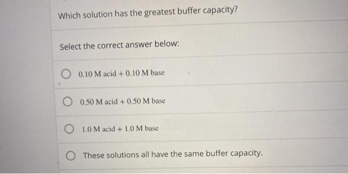 Solved Which solution has the greatest buffer capacity? | Chegg.com