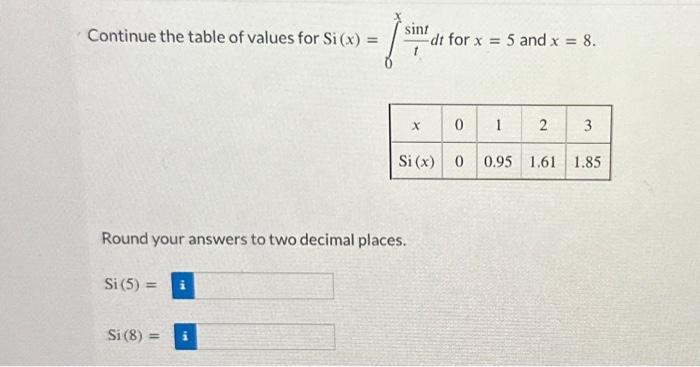 Solved Continue the table of values for Si(x)=∫0xtsintdt for | Chegg.com