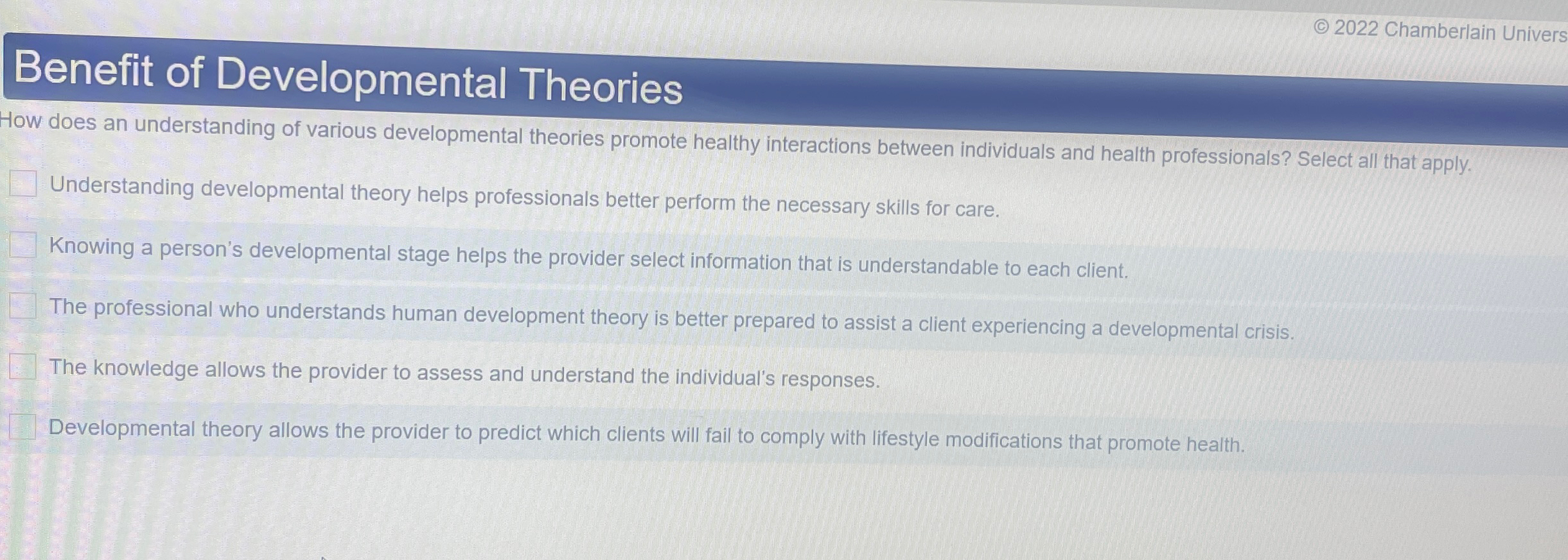 Solved ๑ 2022 ﻿Chamberlain UniversBenefit of Developmental | Chegg.com