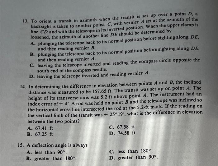 Solved 13. To orient a transit in azimuth when the transit | Chegg.com
