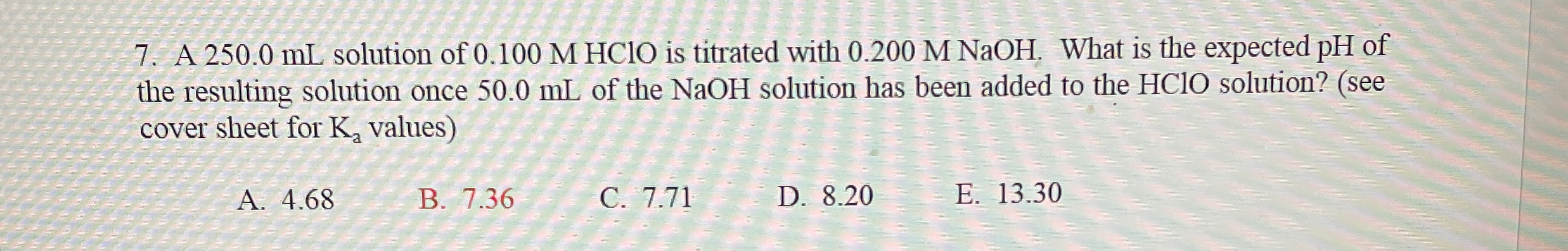 Solved A 250.0 ﻿mL solution of 0.100 ﻿M HClO is titrated | Chegg.com