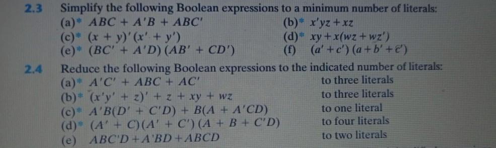 Solved 2.3 Simplify the following Boolean expressions to a | Chegg.com