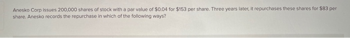 Solved Anesko Corp issues 200,000 shares of stock with a par | Chegg.com