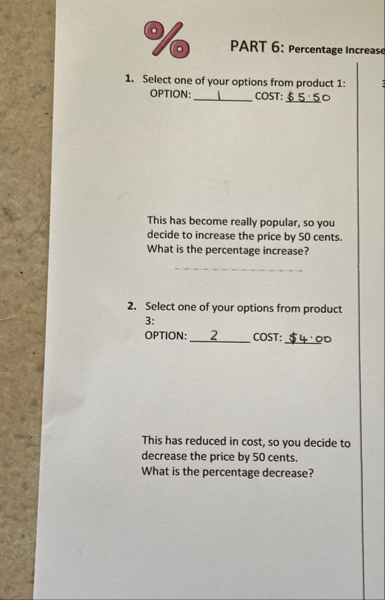 Solved PART 6: Percentage IncreaseSelect one of your options | Chegg.com