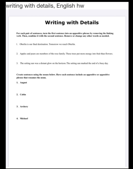 writing with details, English hw Writing with Details | Chegg.com