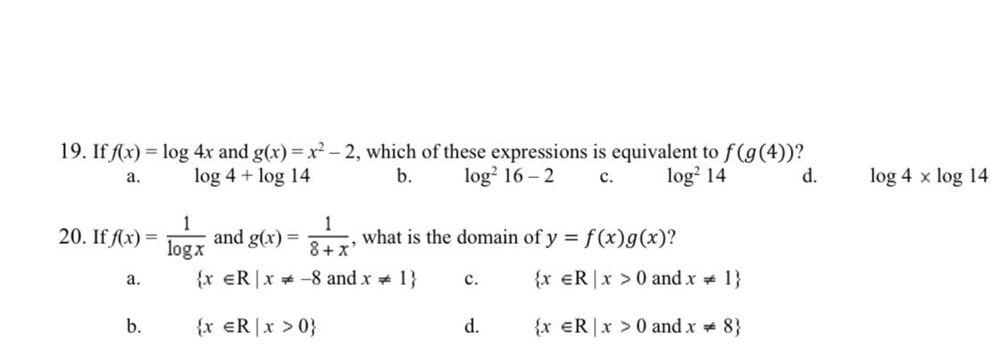 Solved If f(x)=log4x ﻿and g(x)=x2-2, ﻿which of these | Chegg.com