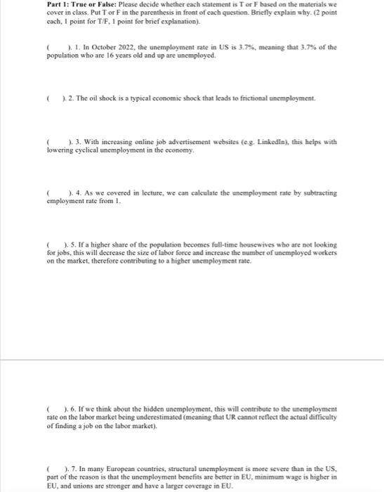 Solved Part 1: True or False: Please decide whether each | Chegg.com