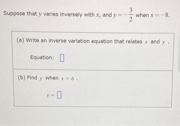 Solved Suppose that y varies inversely with x, and y=−23 | Chegg.com