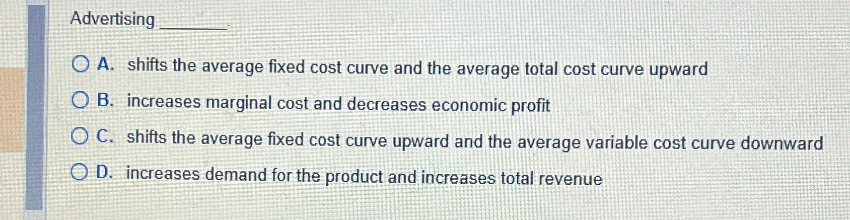 Solved AdvertisingA. ﻿shifts the average fixed cost curve | Chegg.com
