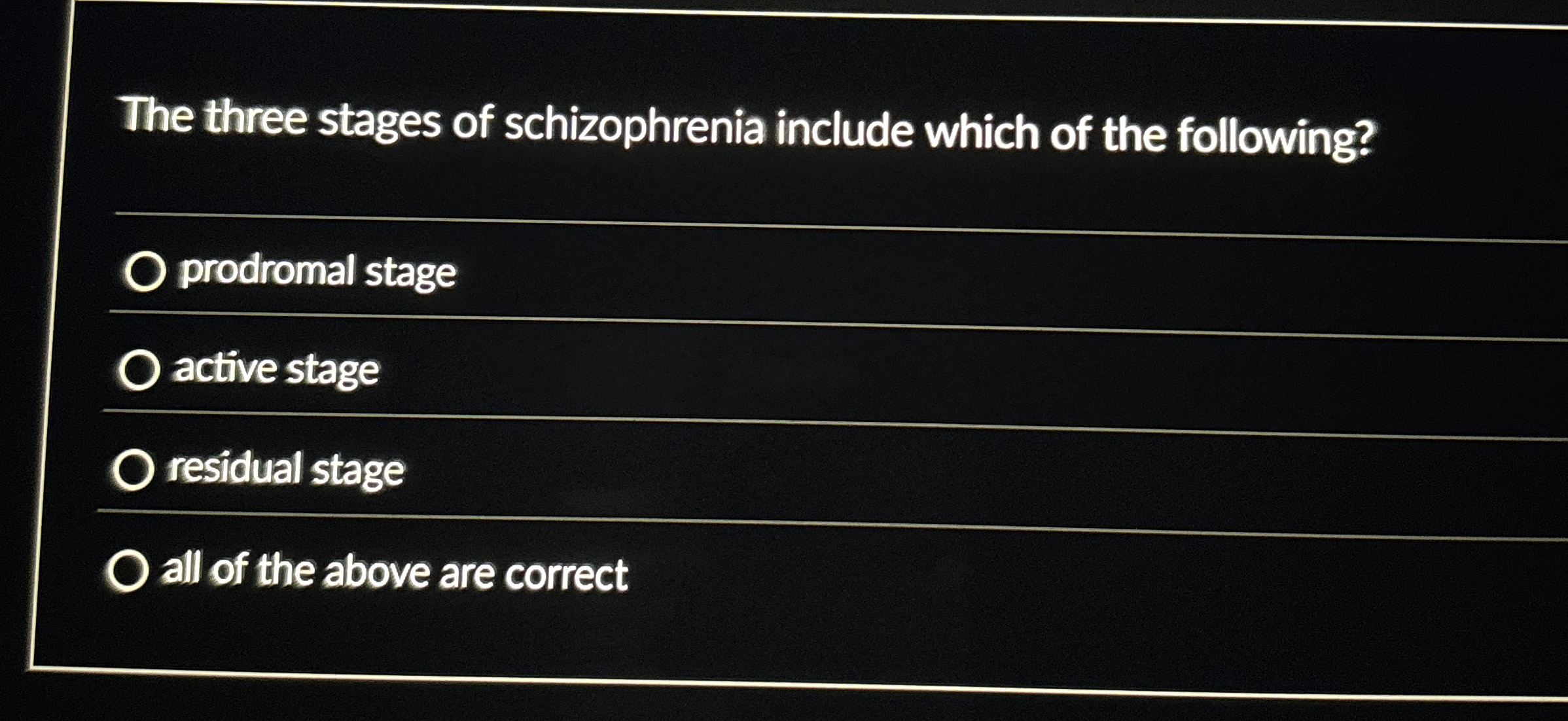 Solved The three stages of schizophrenia include which of | Chegg.com