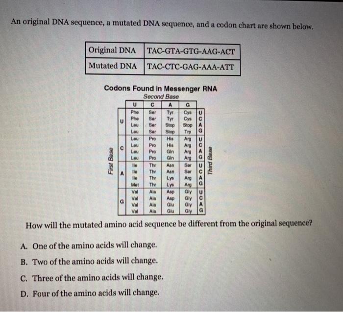 Solved An original DNA sequence, a mutated DNA sequence, and | Chegg.com