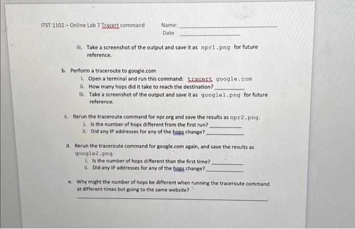 Solved ITST 1102 - Online Lab 7 Tracers command Name: Date. | Chegg.com