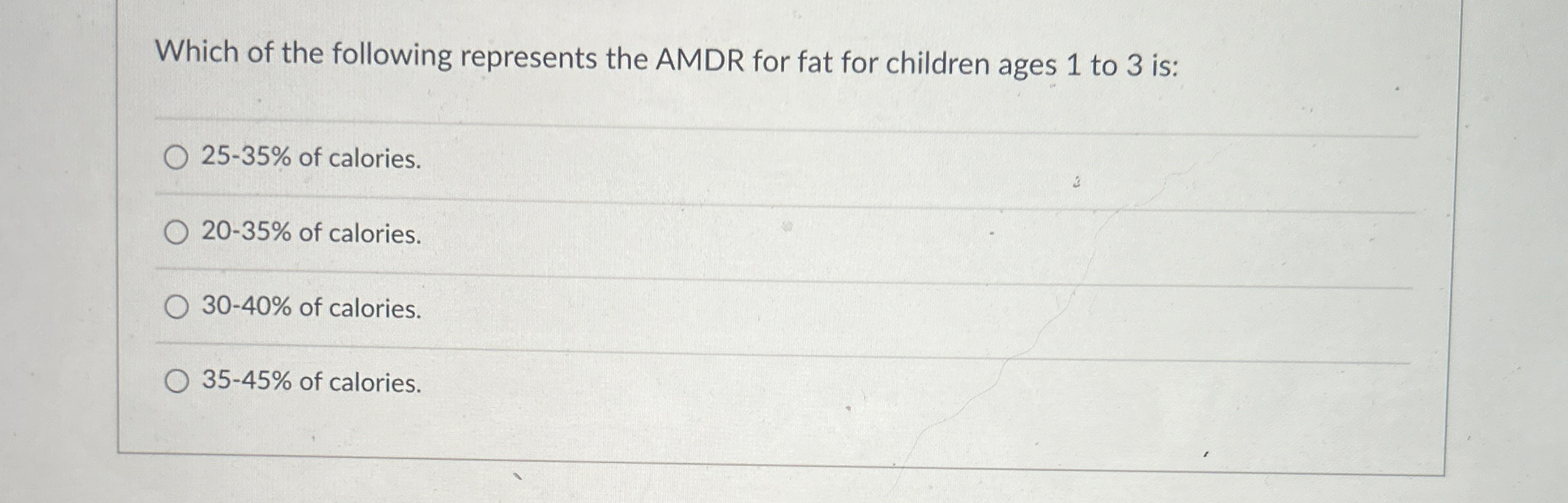 Solved Which of the following represents the AMDR for fat | Chegg.com