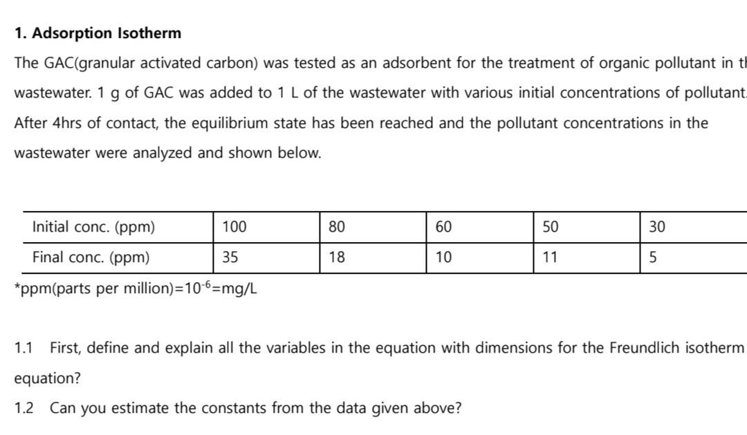 Solved 1. Adsorption Isotherm The GAC(granular activated | Chegg.com
