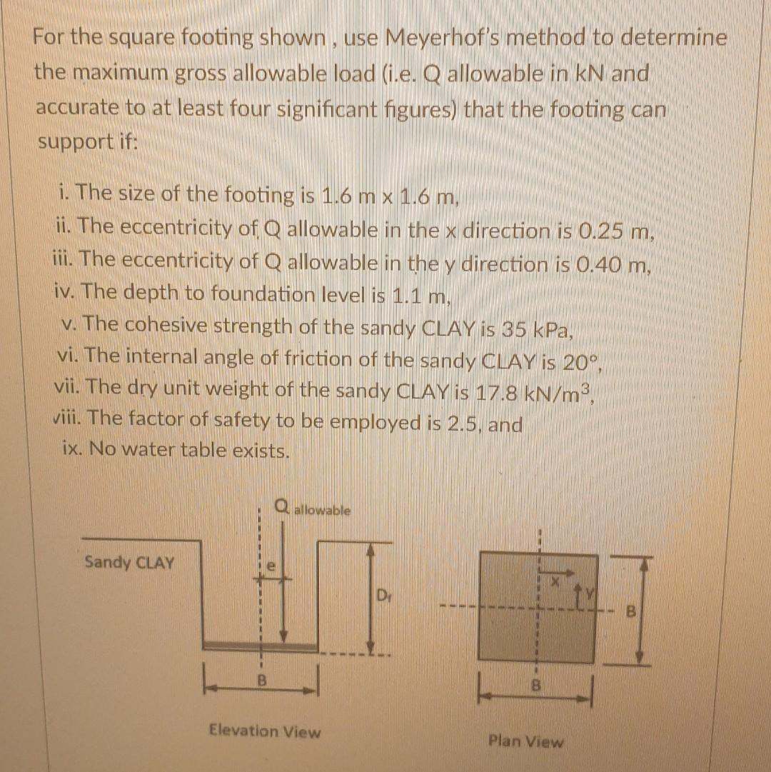 Solved For the square footing shown, use Meyerhof's method | Chegg.com