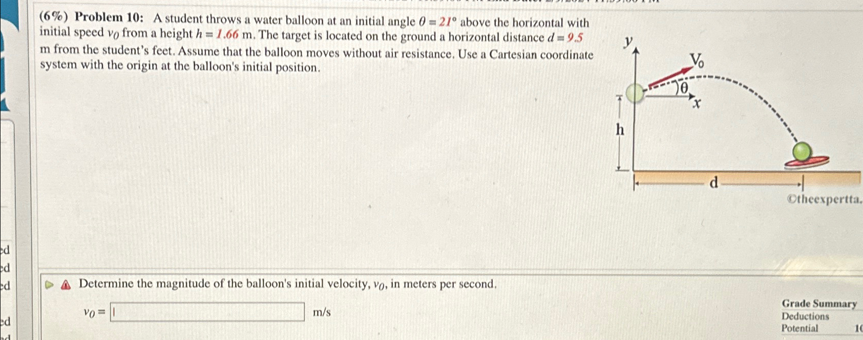 Solved (6%) ﻿Problem 10: A student throws a water balloon at | Chegg.com