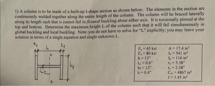 [Solved]: 1) A column is to be made of a built-up I-shape s