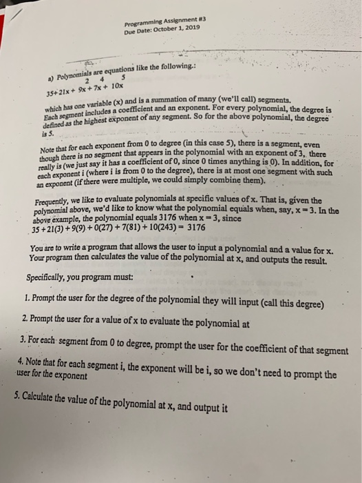 Solved Programming Assignment #3 Due Date: October 1, 2019 | Chegg.com
