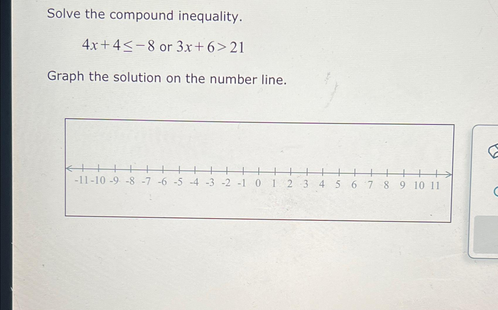 Solved Solve the compound inequality.4x+4≤-8 or 3x+6>21Graph | Chegg.com