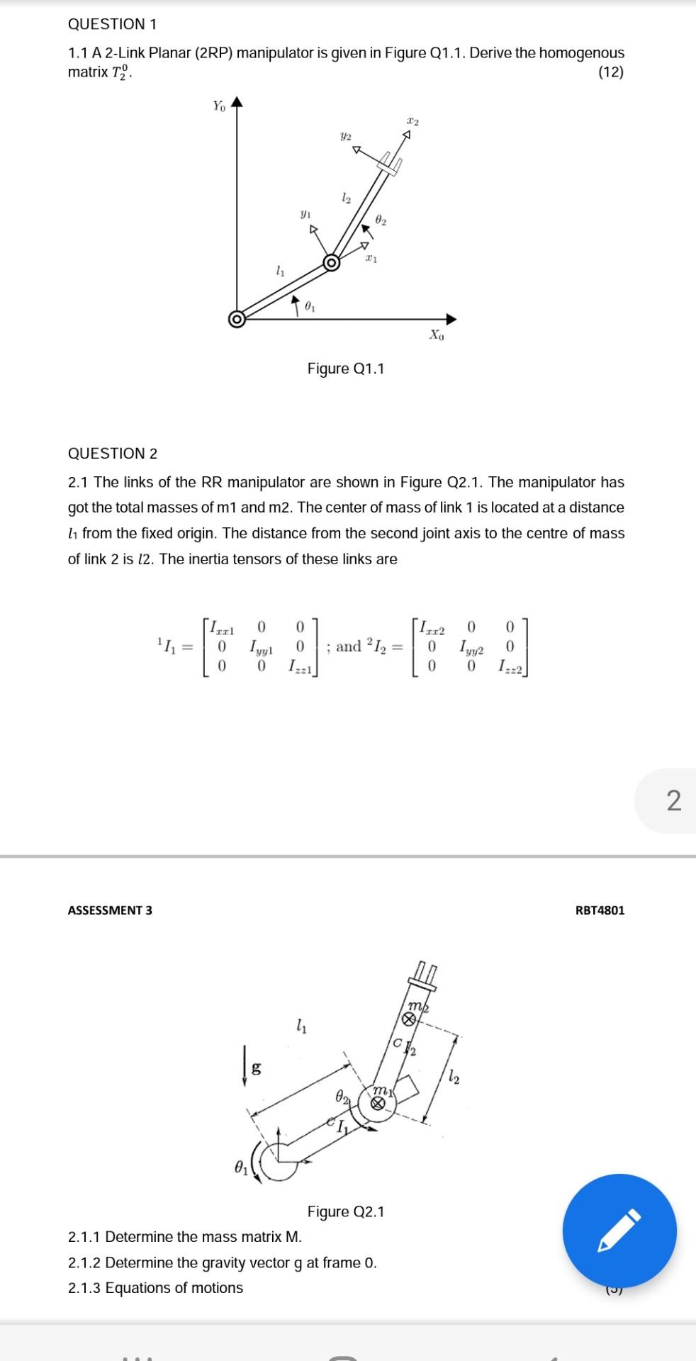 Solved 1.1 A 2-Link Planar (2RP) manipulator is given in | Chegg.com
