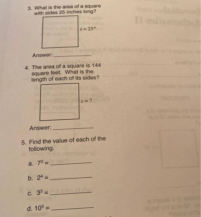 Solved 3. What is the area of a square with sides 25 inches | Chegg.com