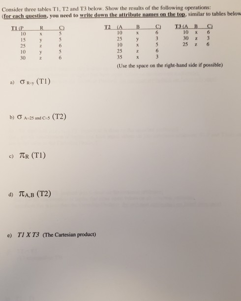 Solved Consider three tables T1, T2 and T3 below. Show the | Chegg.com
