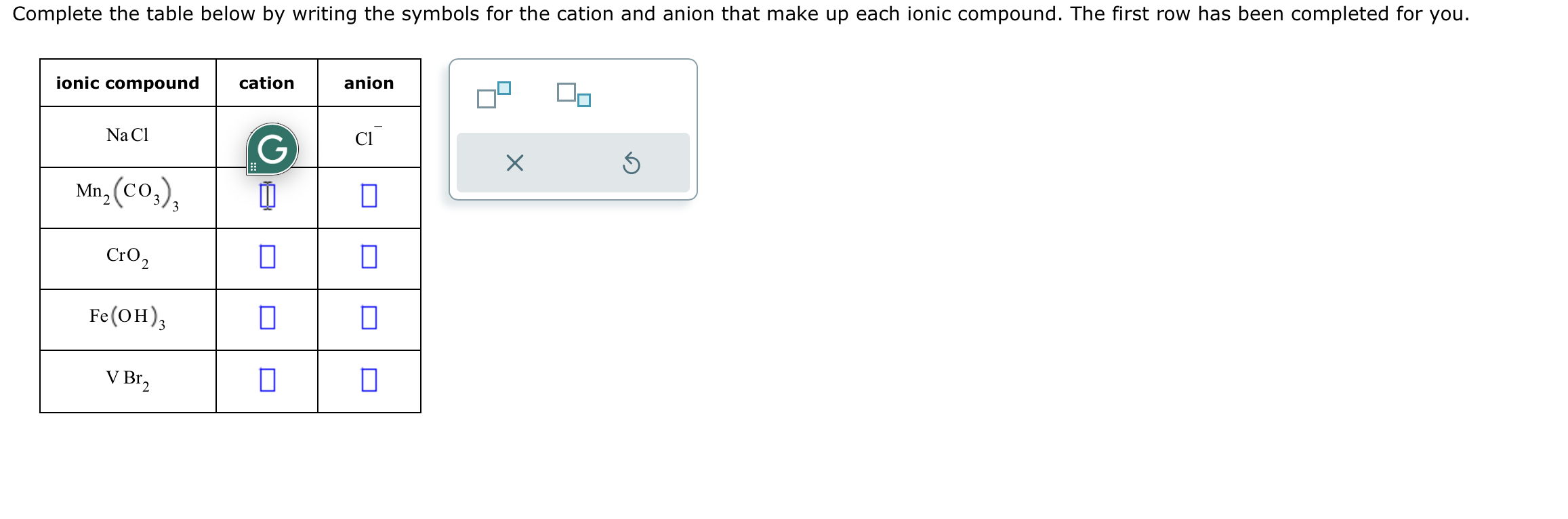 Solved Complete the table below by writing the symbols for | Chegg.com