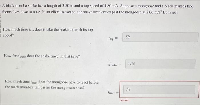 Solved A black mamba snake has a length of 3.50 m and a top | Chegg.com
