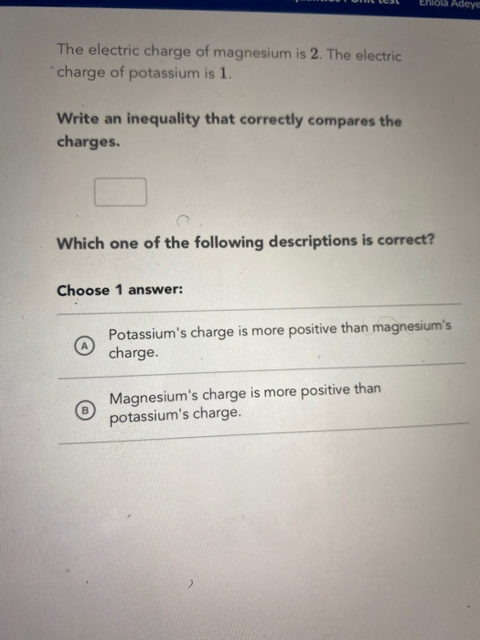 Solved the electric charge of magnesium is 2. The electric | Chegg.com