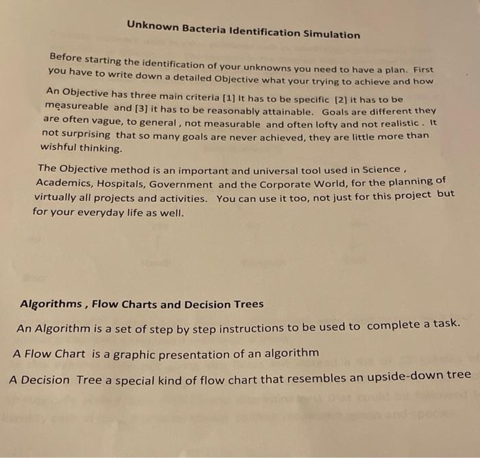 Unknown Bacteria Identification Simulation Before | Chegg.com