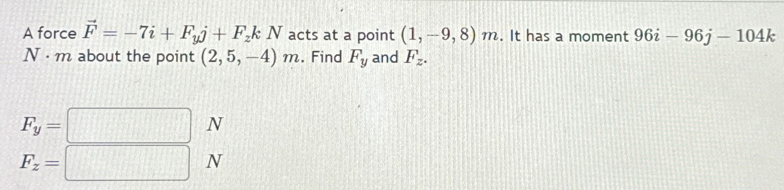 Solved A force vec(F)=-7i+Fyj+FzkN ﻿acts at a point | Chegg.com