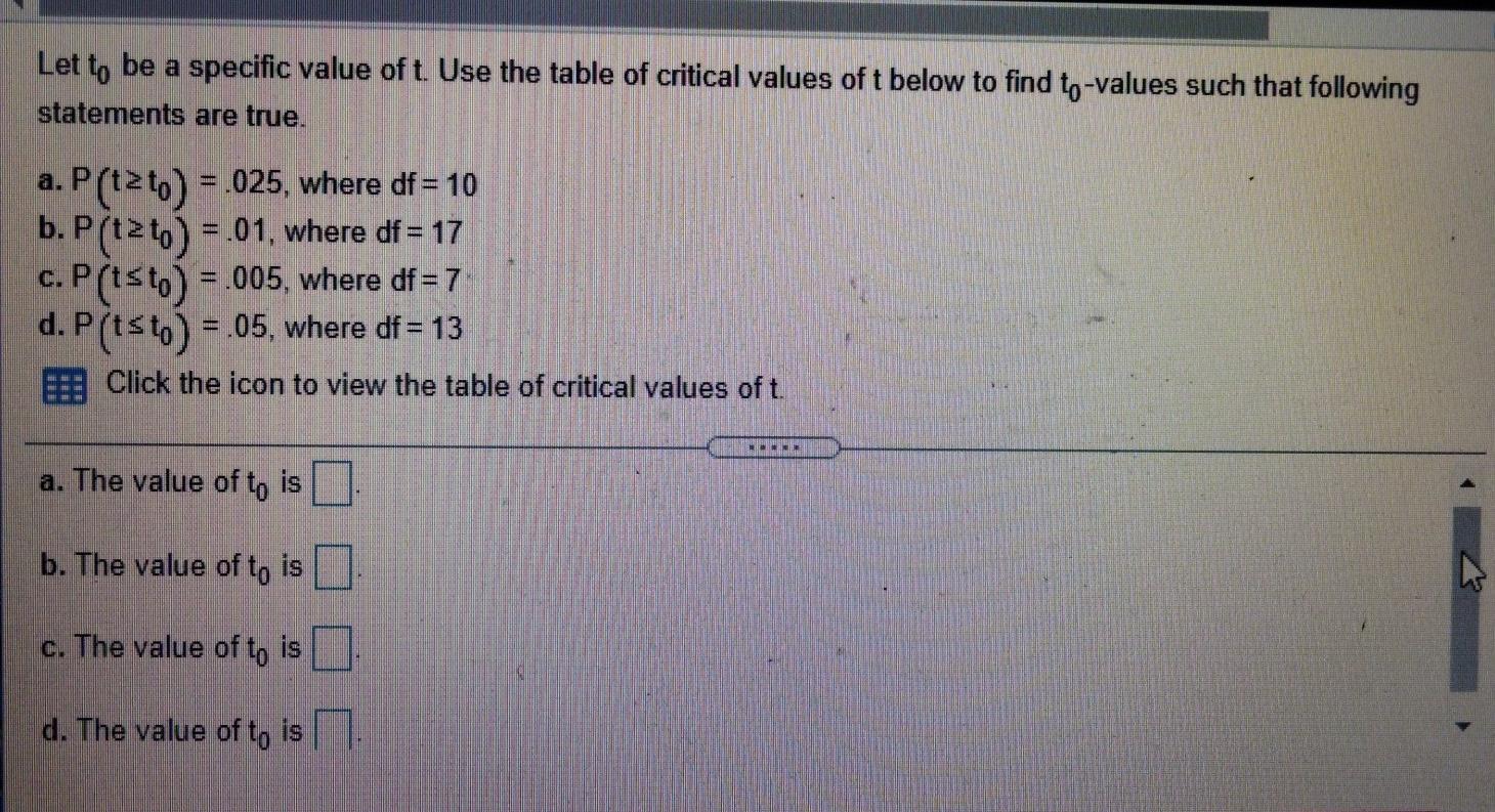 Solved Let to be a specific value of t. Use the table of | Chegg.com