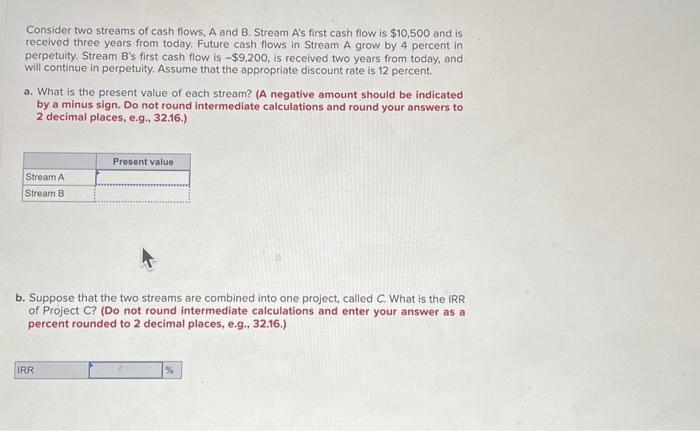 Solved Consider two streams of cash flows, A and B. Stream | Chegg.com