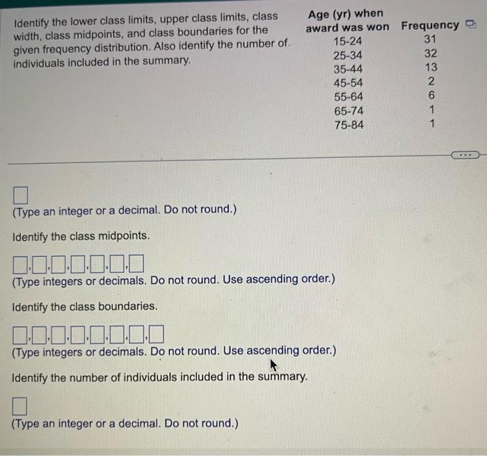 Solved Identify the lower class limits. (Type integers or | Chegg.com